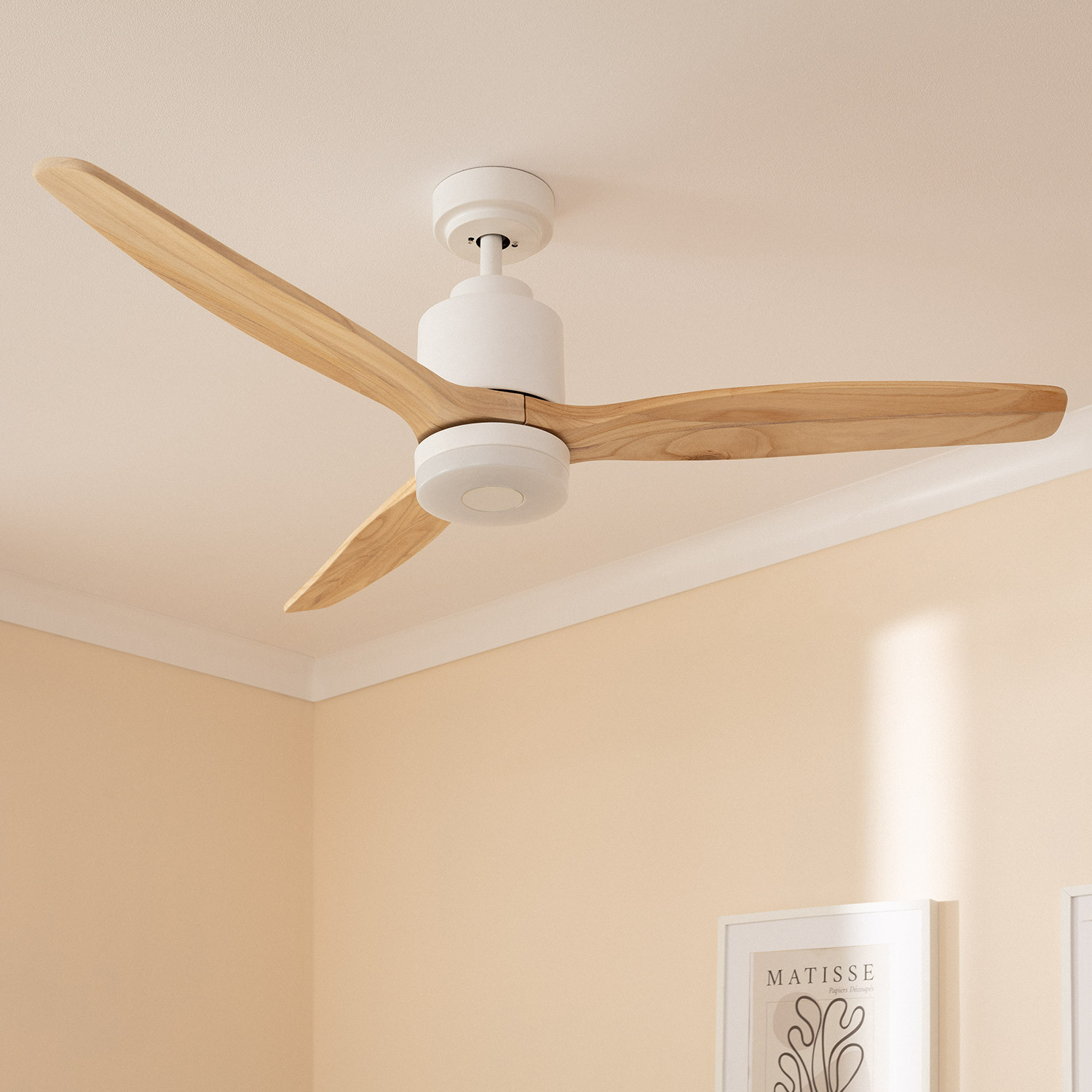 Mersin Outdoor LED DC Motor Ceiling Fan 132cm in White Wood - Ledkia